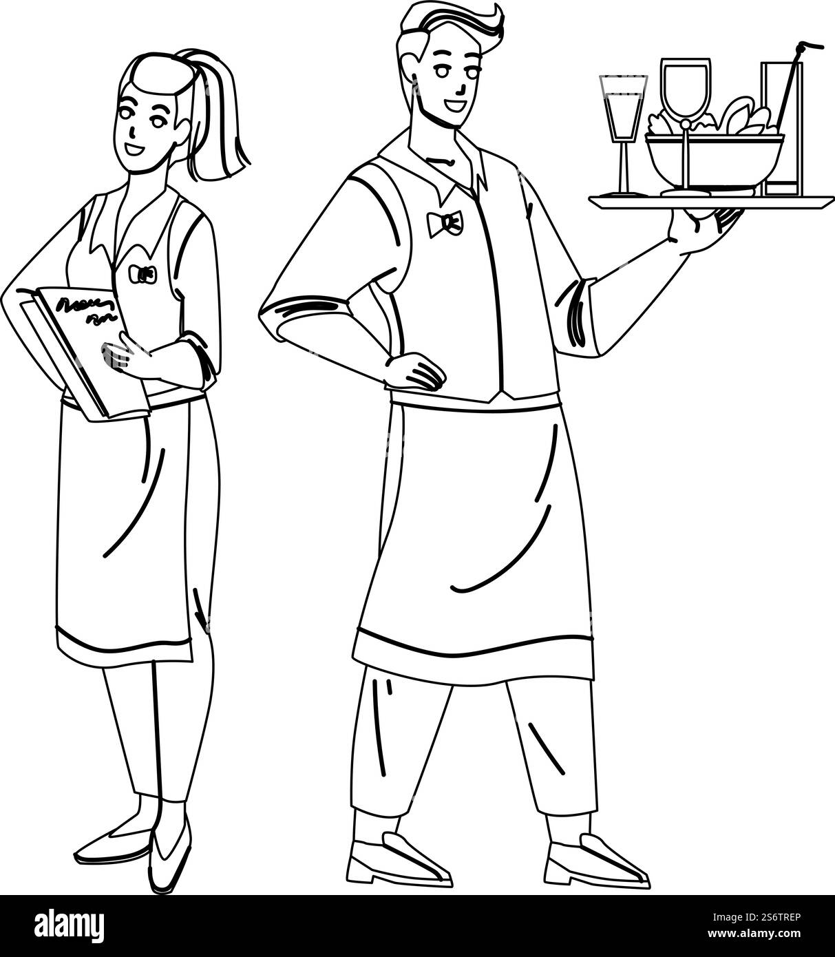 Waiter Restaurant Workers Man And Woman Black Line Pencil Drawing ...