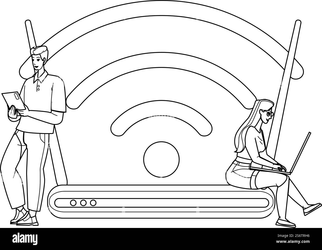 Man And Woman Wireless Connection To Wi-fi Black Line Pencil Drawing ...