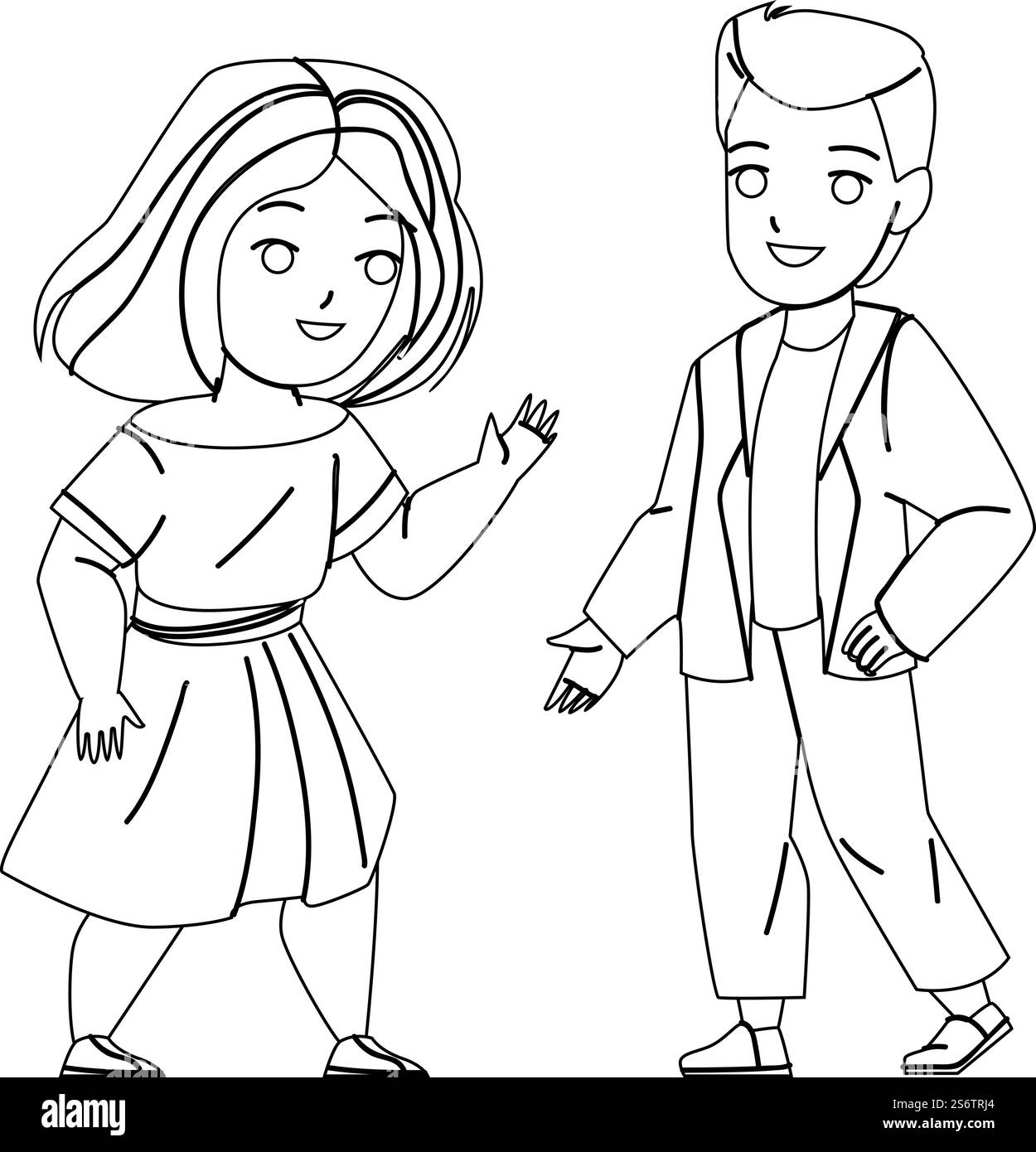 Boy And Girl Kids Talking In Kindergarten Black Line Pencil Drawing ...