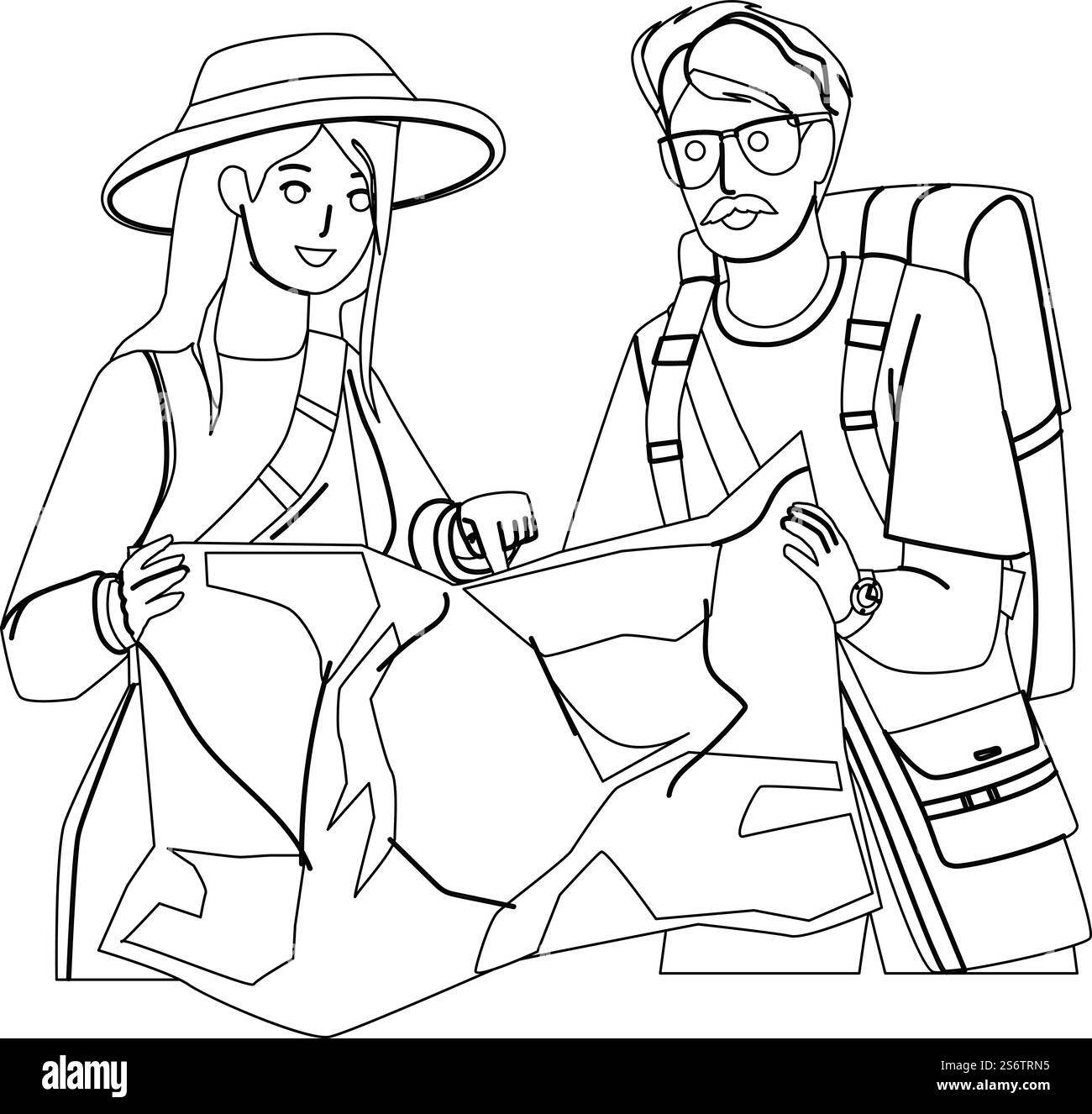 Tourist Map Research Man And Woman Couple Black Line Pencil Drawing ...