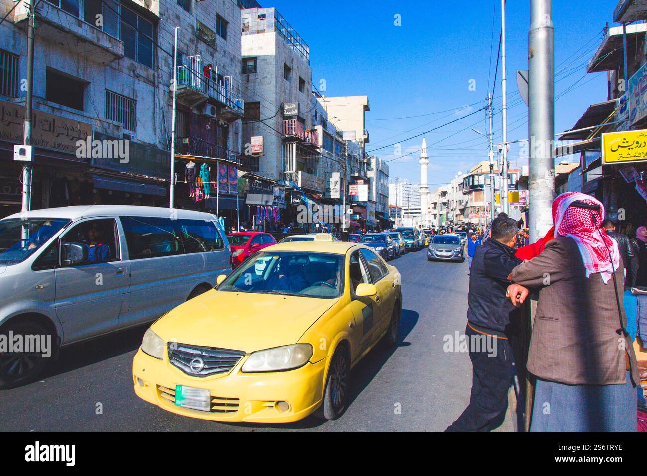 Jordan, Middle East, Amman. Yellow taxi in the Al Balad district Stock ...