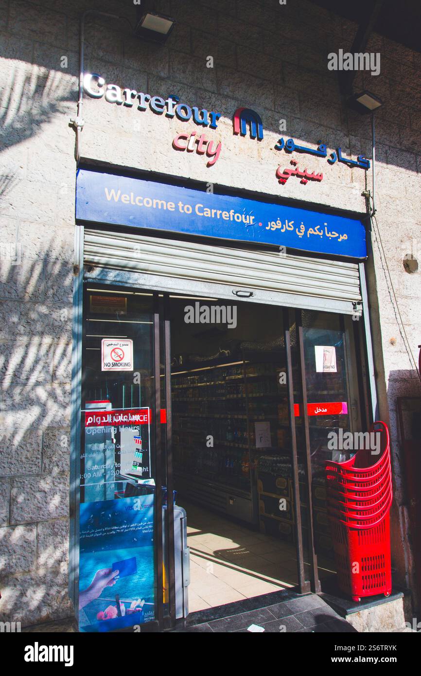 Jordan, Middle East, Amman. Al Balad district. Carrefour supermarket ...