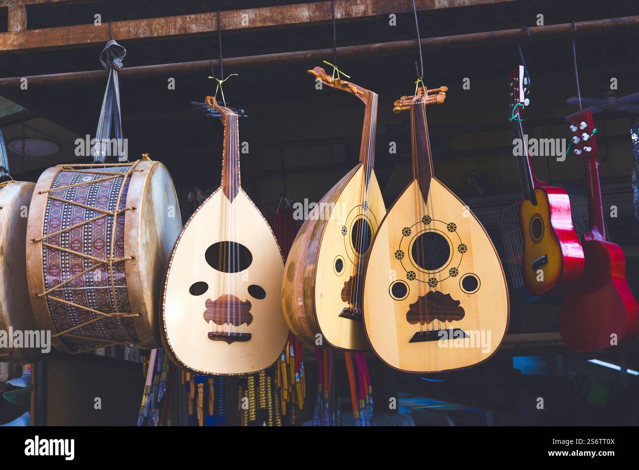 Jordan, Middle East, Amman. Al Balad district. Musical instrument store ...