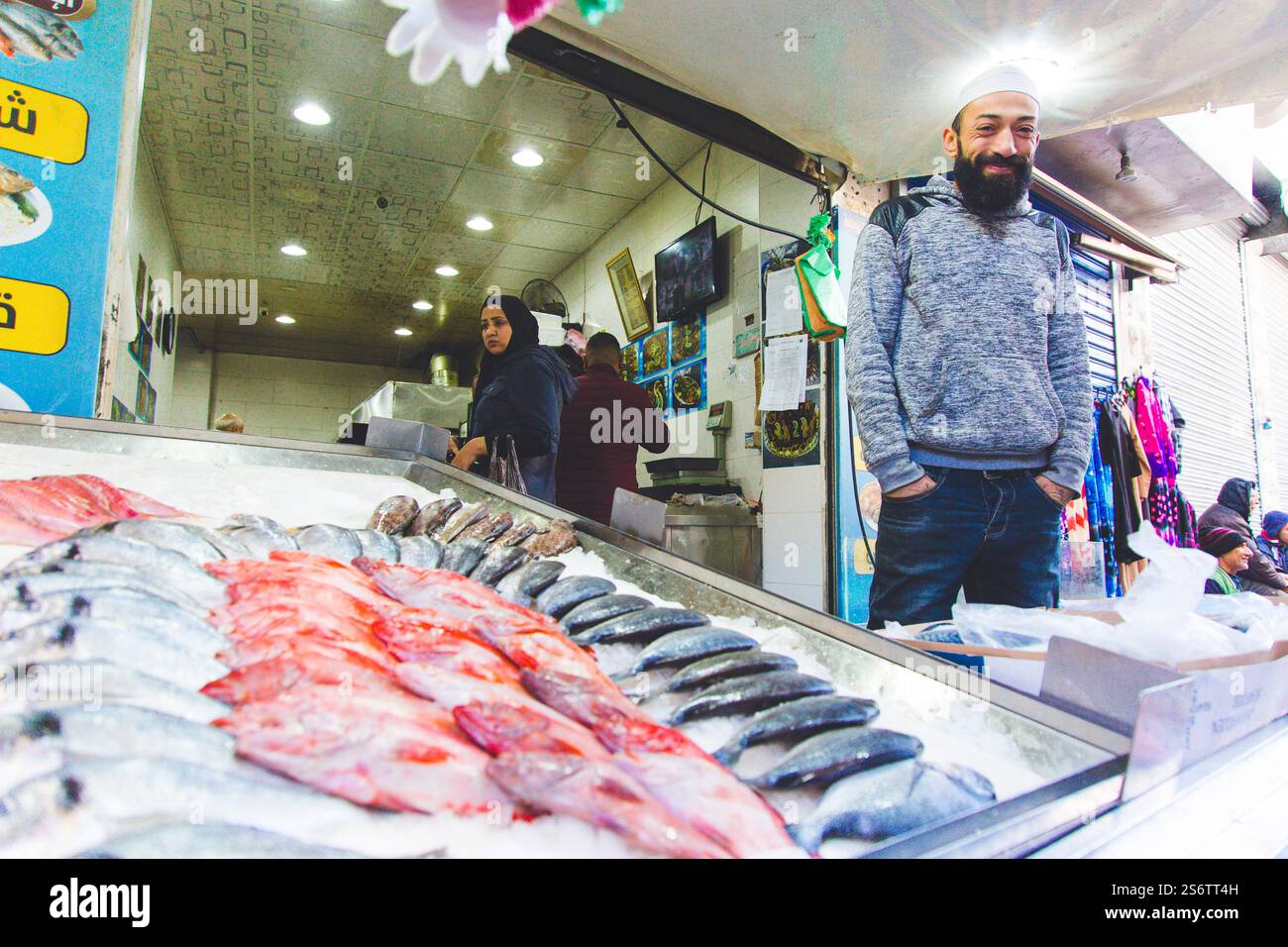 Jordan, Middle East, Amman, smiling fishmonger . Al Balad district ...