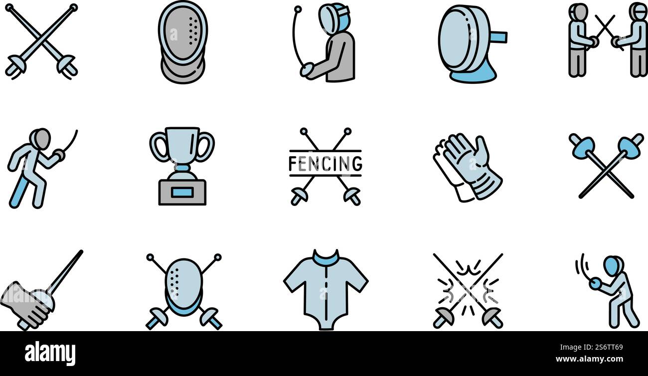 Fencing icons set outline vector. Sport fencer. Suit sword. Fencing ...