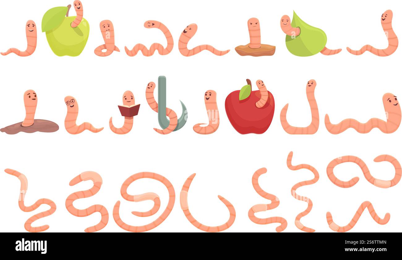 Worm icons set cartoon vector. Animal bait. Funny bookworm. Worm icons ...