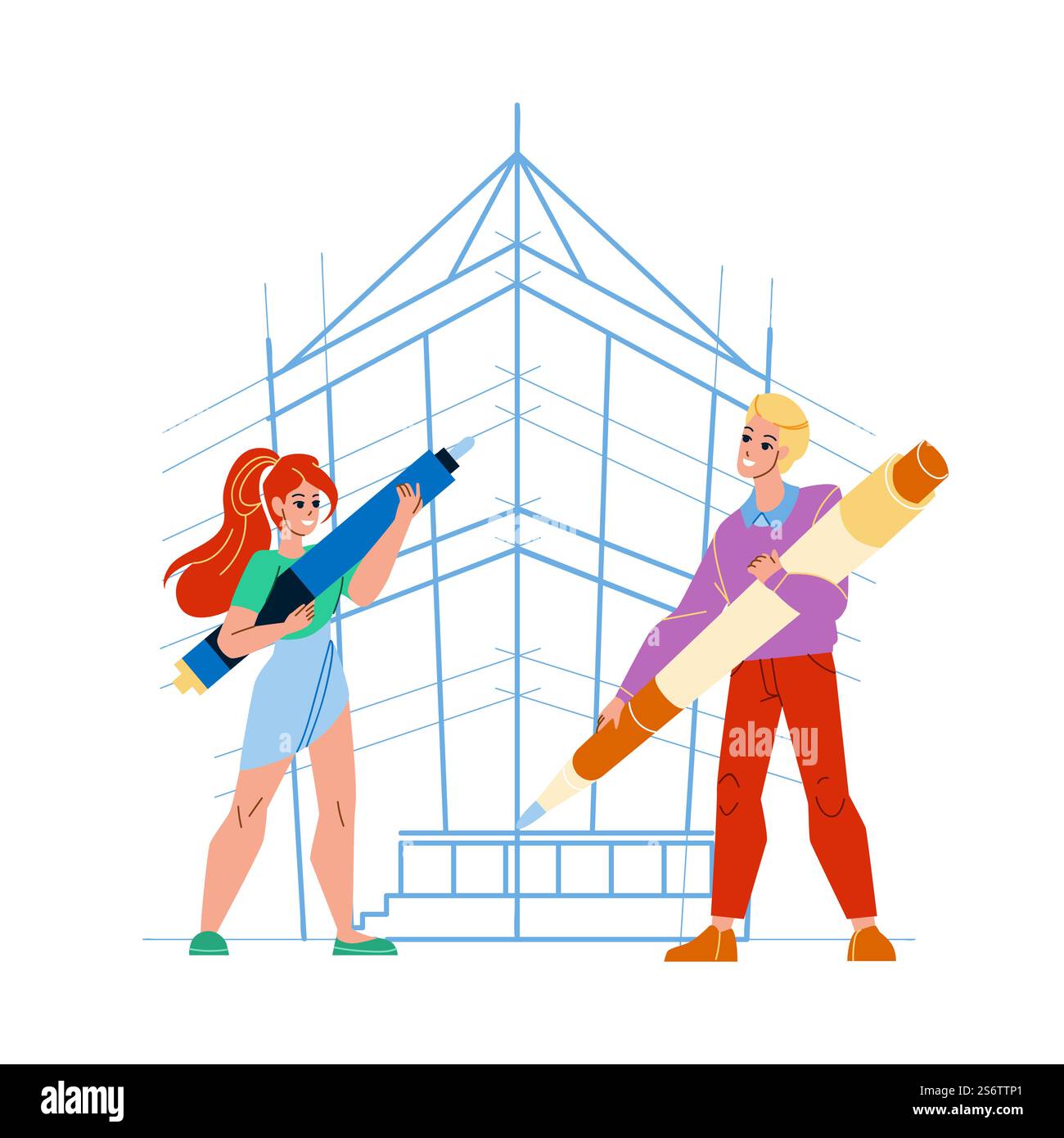 Building Design Man And Woman Architects Vector. Young Boy And Girl ...