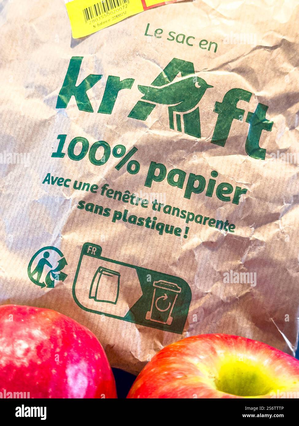 Kraft paper bag from Auchan with a plastic-free window Stock Photo - Alamy