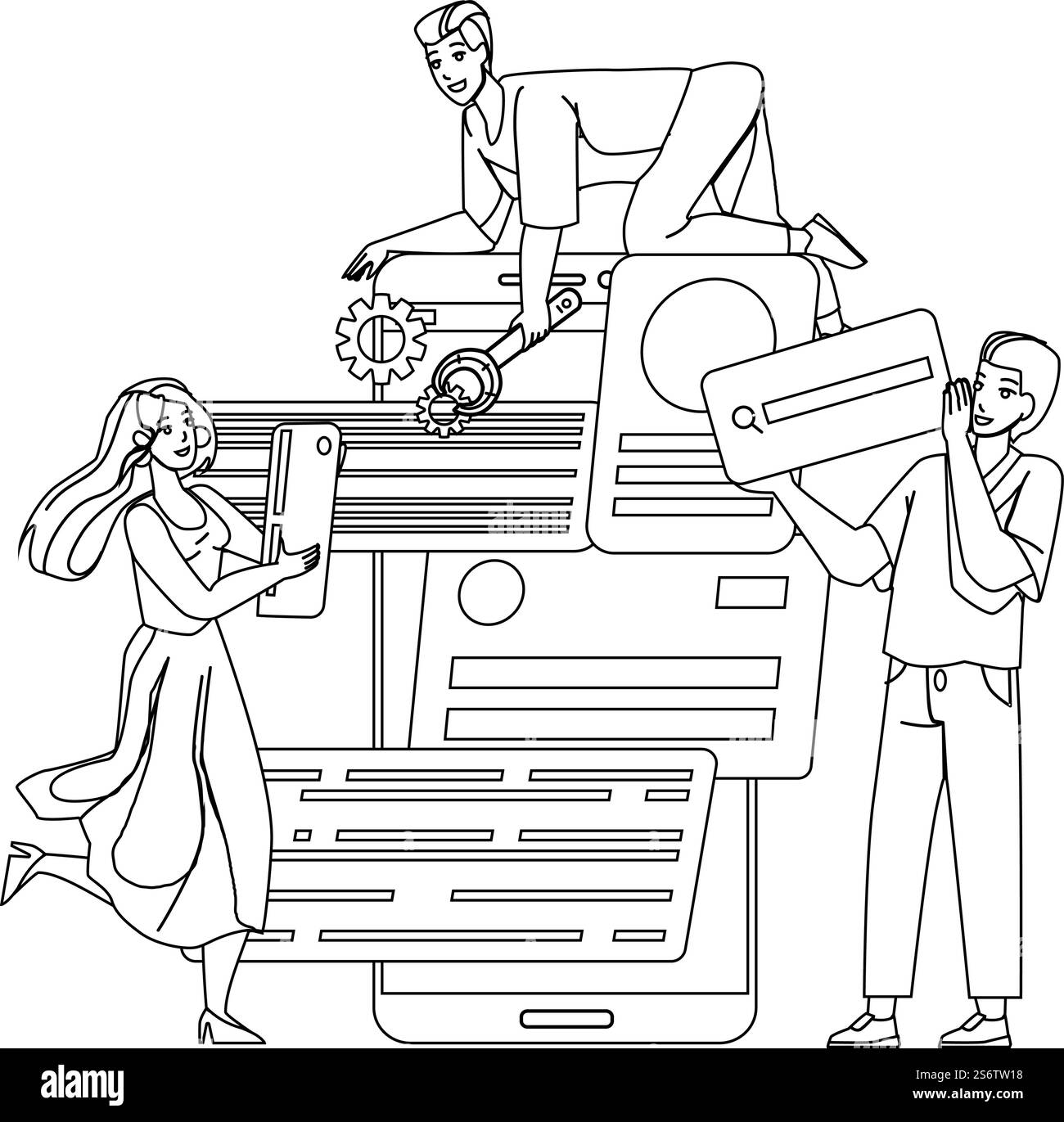 Application Development Programmers Team Black Line Pencil Drawing Vector. Application ...