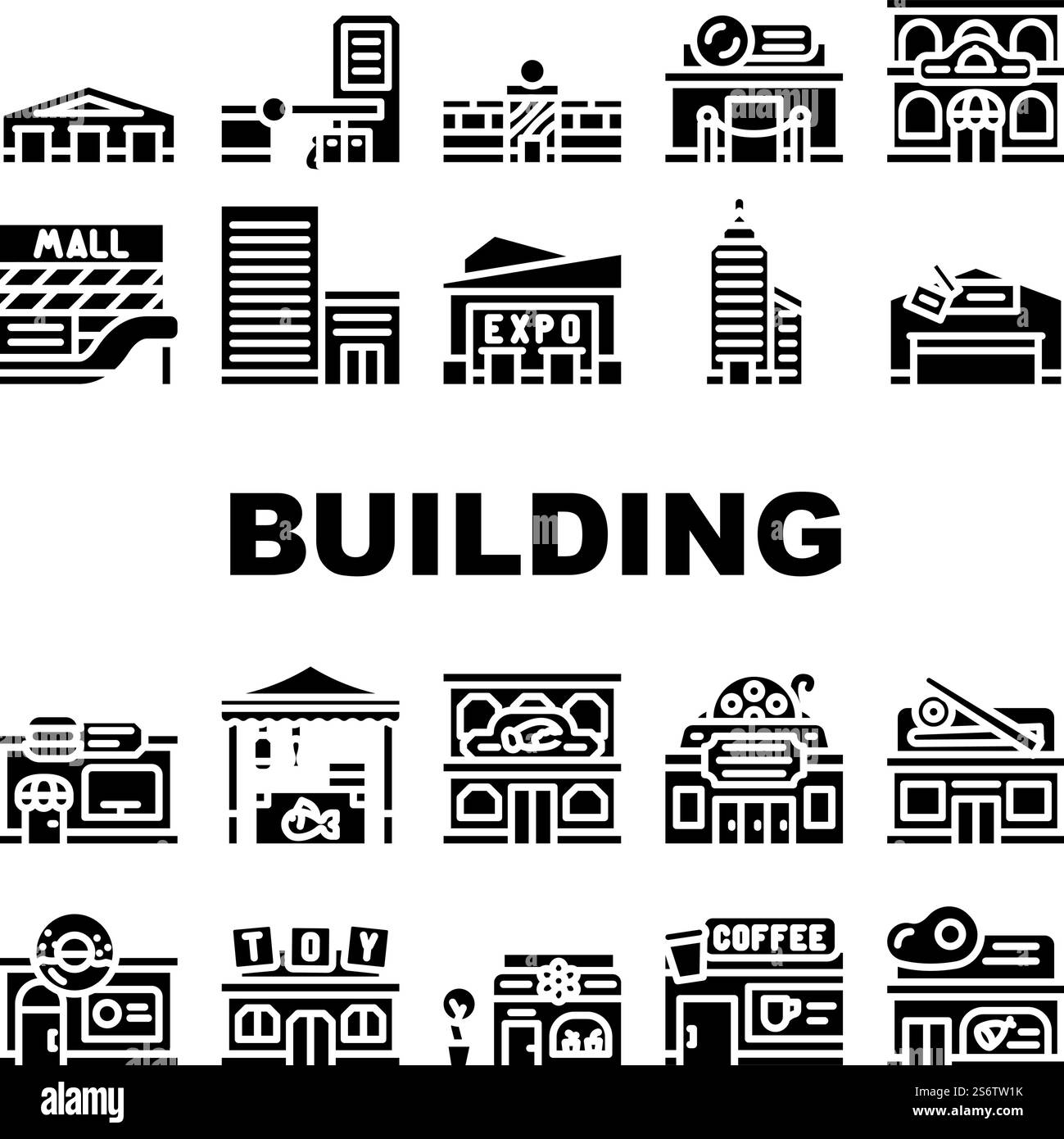 Building Construction Exterior Icons Set Vector. Shopping And ...