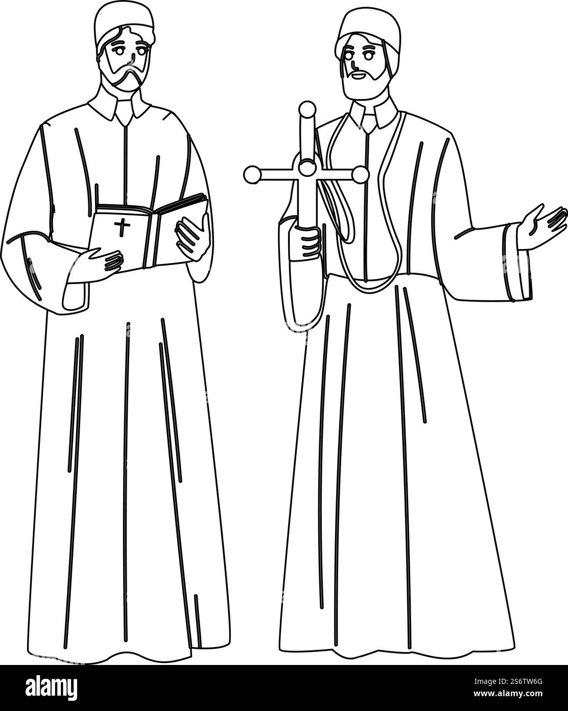 Catholic Priest Men With Praying Cross Black Line Pencil Drawing Vector ...