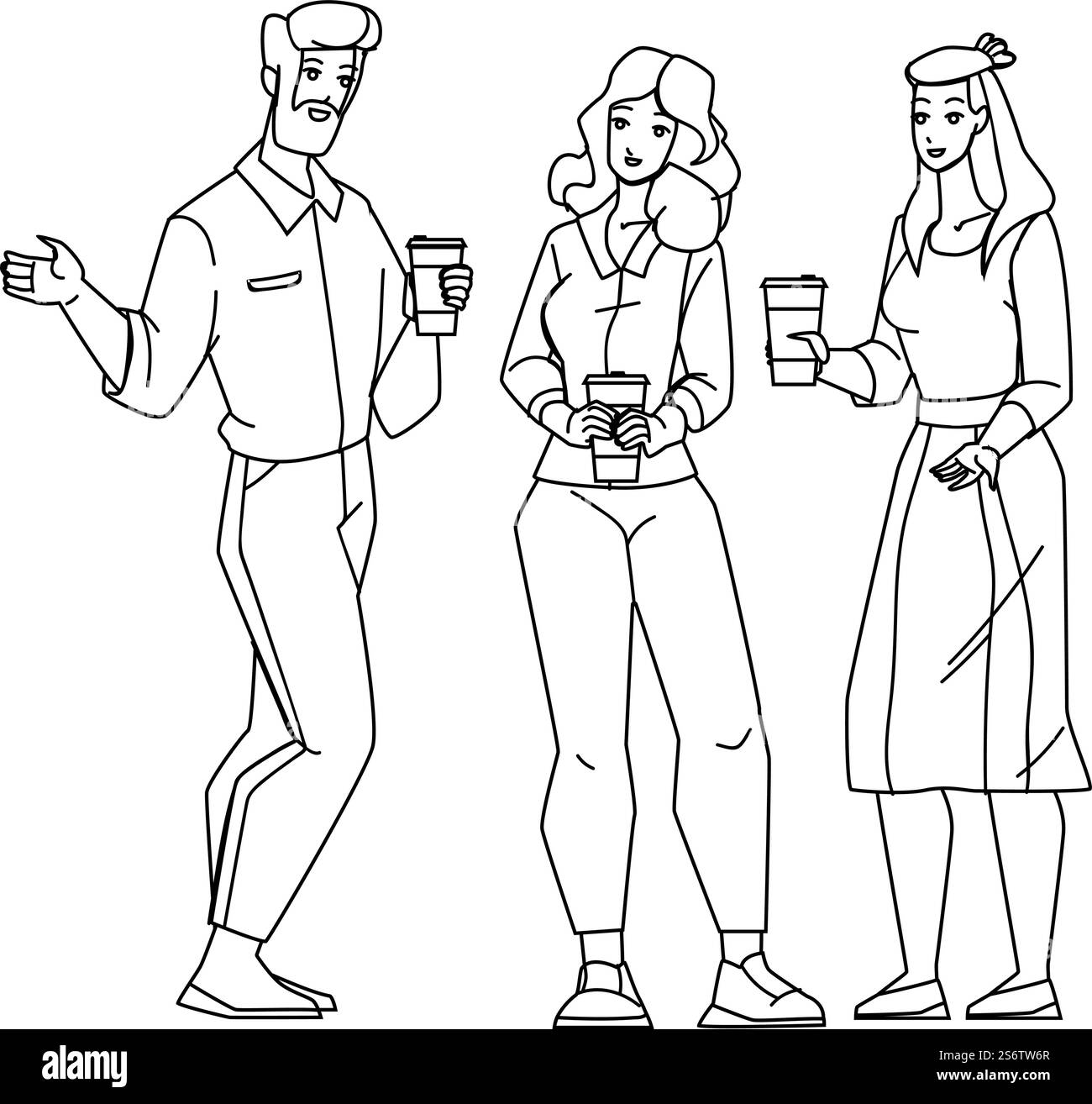 Office Coffee Break And People Conversation Black Line Pencil Drawing ...