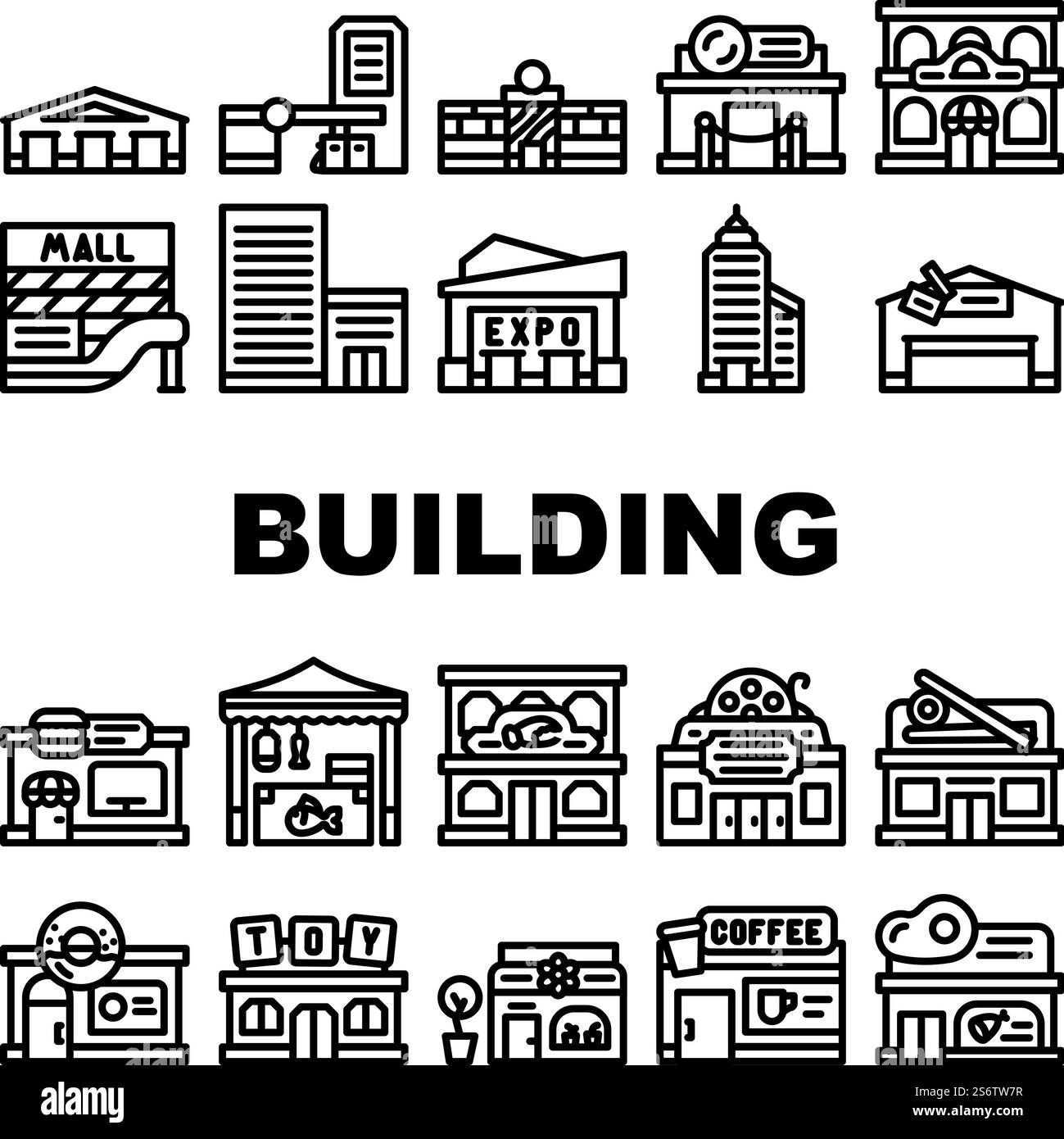 Building Construction Exterior Icons Set Vector. Shopping And ...