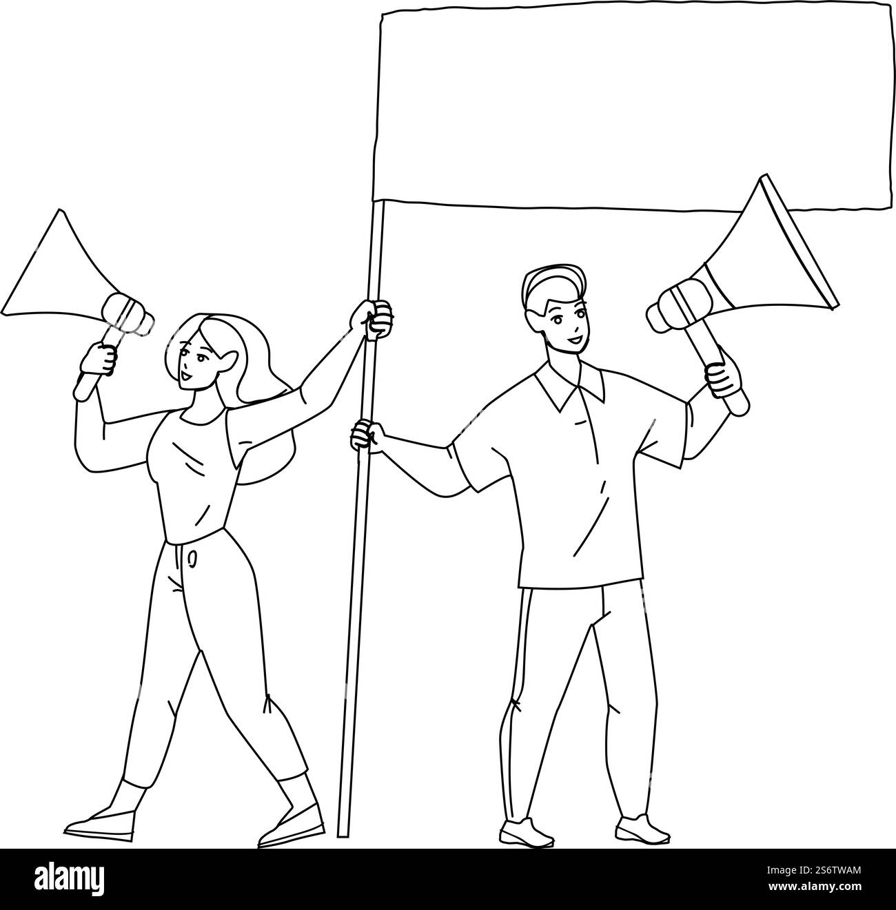 Follow Us Screaming Boy And Girl On Protest Black Line Pencil Drawing ...