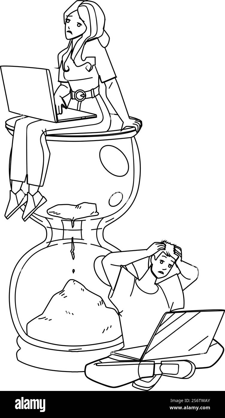 Deadline Missing Boy And Girl Employees Black Line Pencil Drawing ...