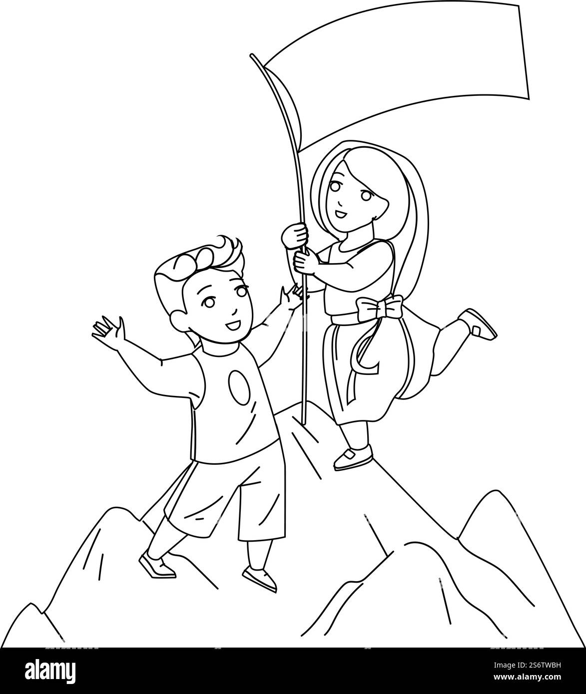 Children Goal And Successful Achievement Black Line Pencil Drawing ...