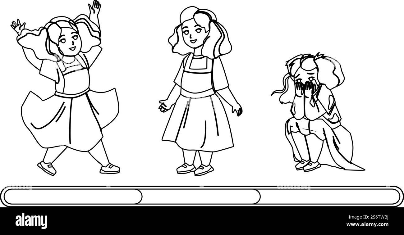 Girl Kid Mood Laughing, Smiling And Unhappy Black Line Pencil Drawing ...