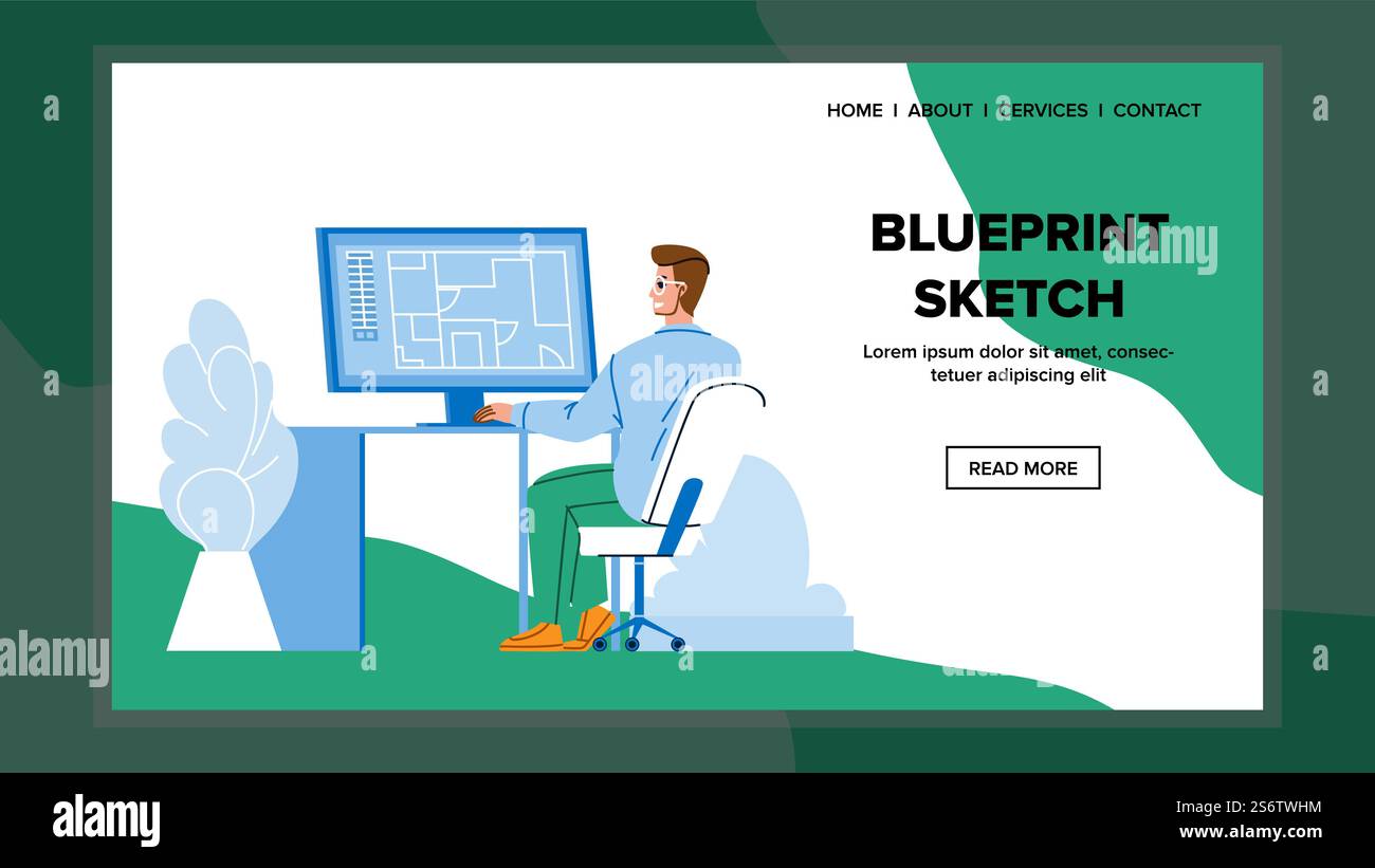 Blueprint Sketch Developing Architect Man Vector. Blueprint Sketch Develop Architectural Worker ...