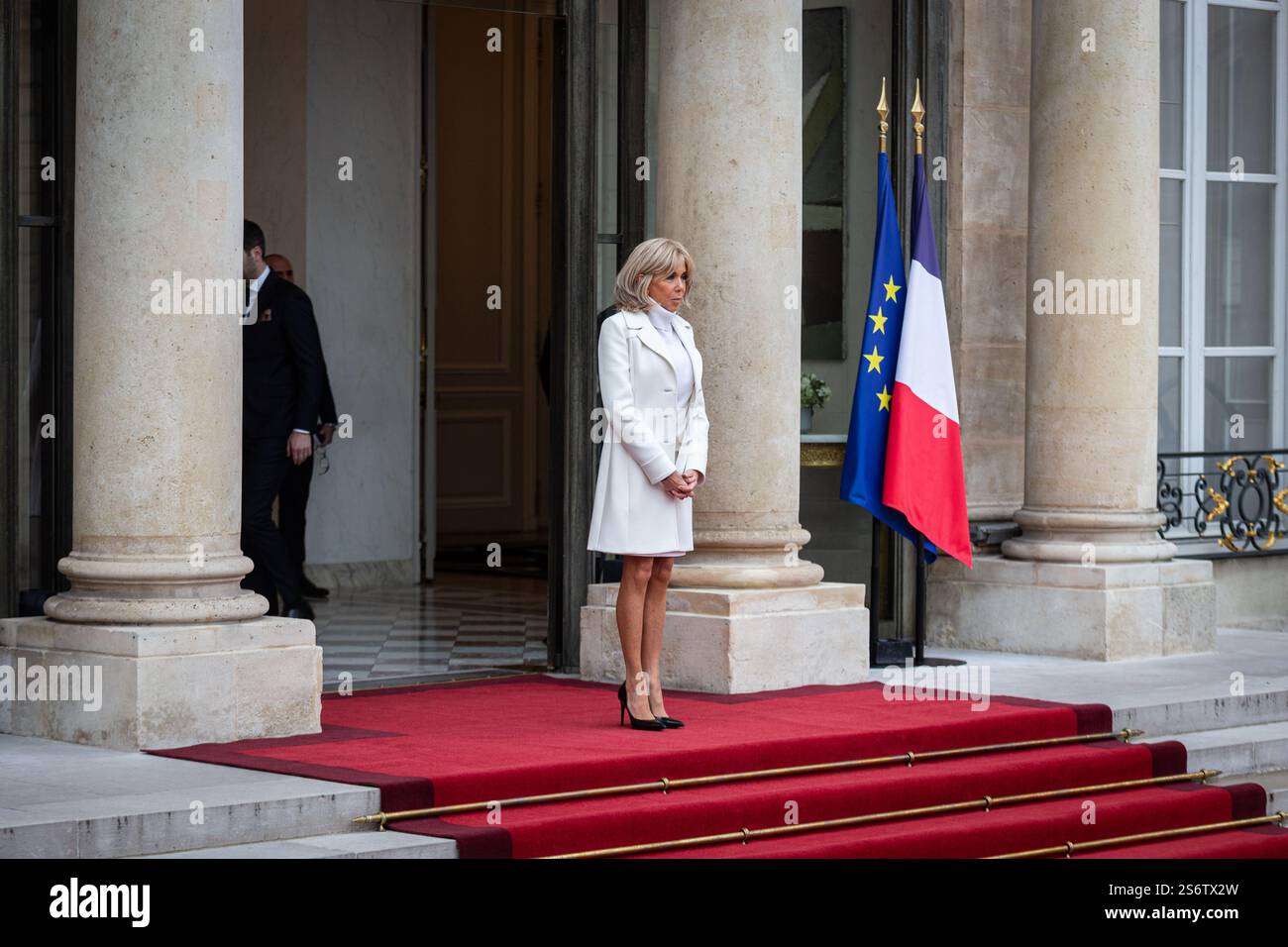 French First Lady Brigitte Macron seen at the main entrance of the ...