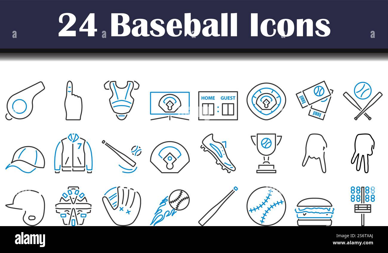Baseball Icon Set. Editable Bold Outline With Color Fill Design. Vector ...