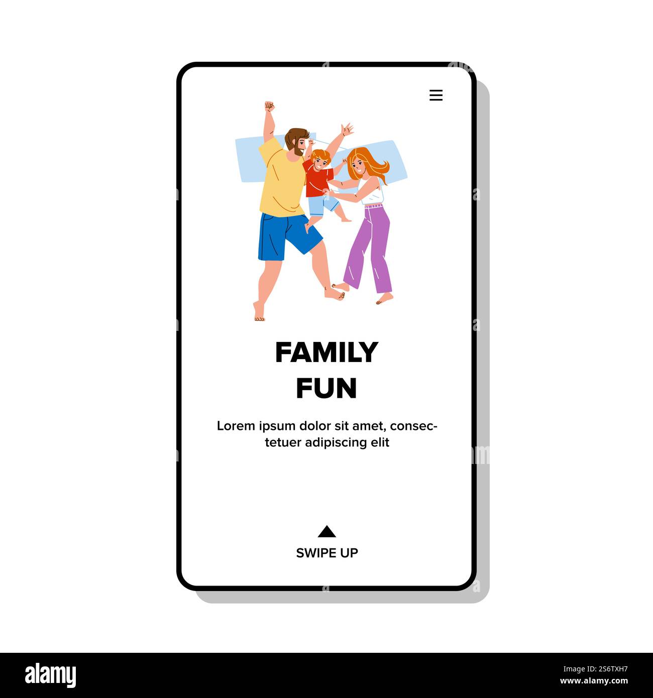 Family Fun Enjoy Time In Bed Togetherness Vector. Father, Mother And ...