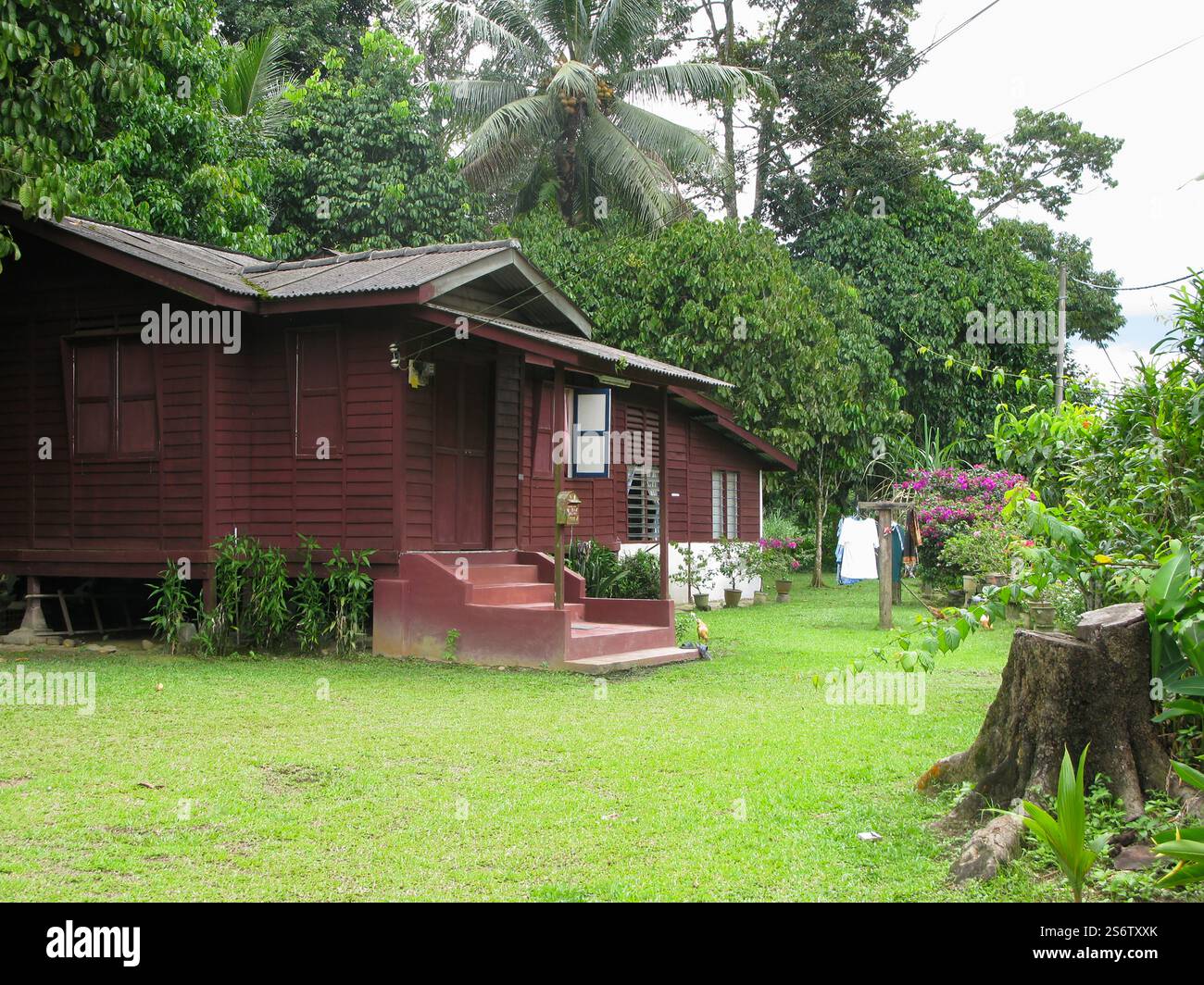 A typical traditional Malay wooden house on stilts in the village of ...