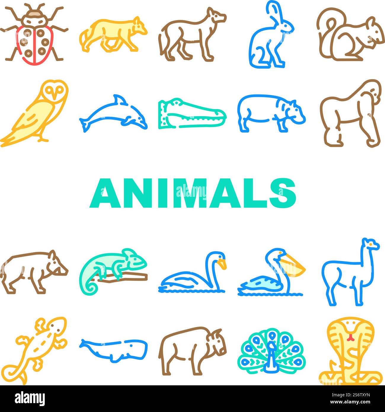 Wild Animals, Birds And Insects Icons Set Vector. Alligator Reptile And ...