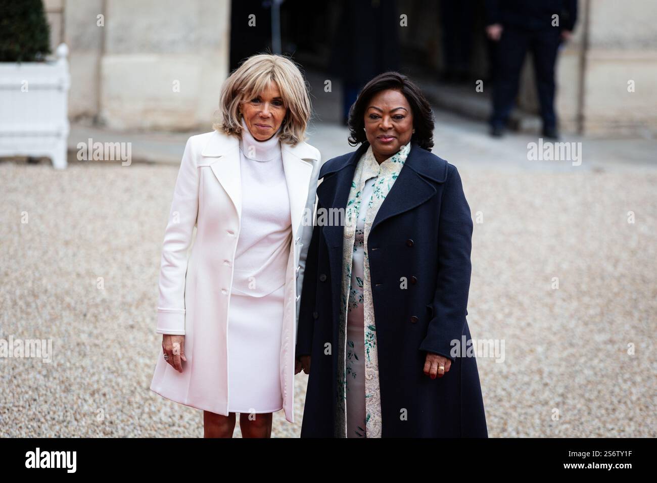 French First Lady Brigitte Macron (L) welcomes First Lady of Angola Ana ...