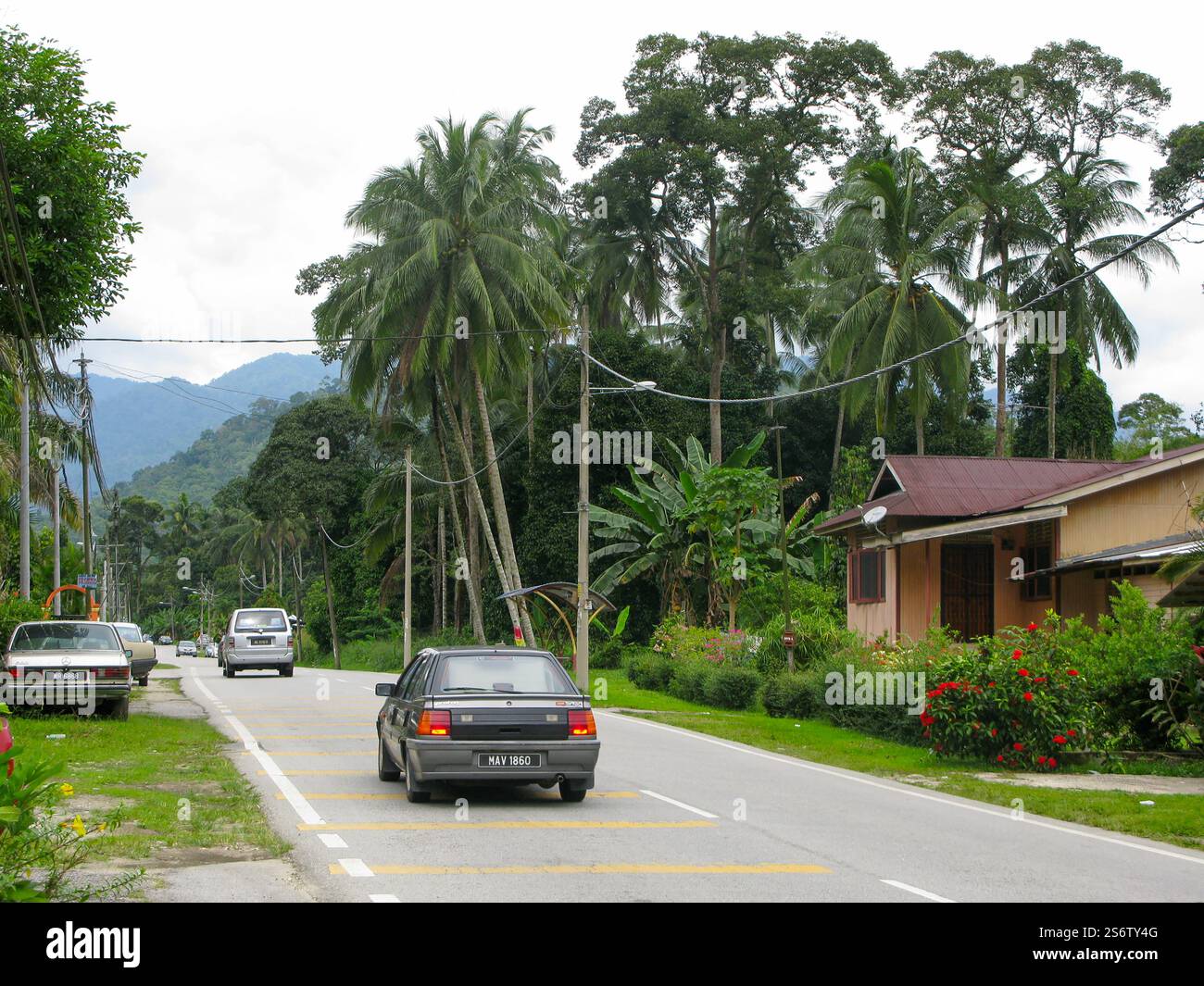 A typical traditional Malay wooden house on stilts in the village of ...