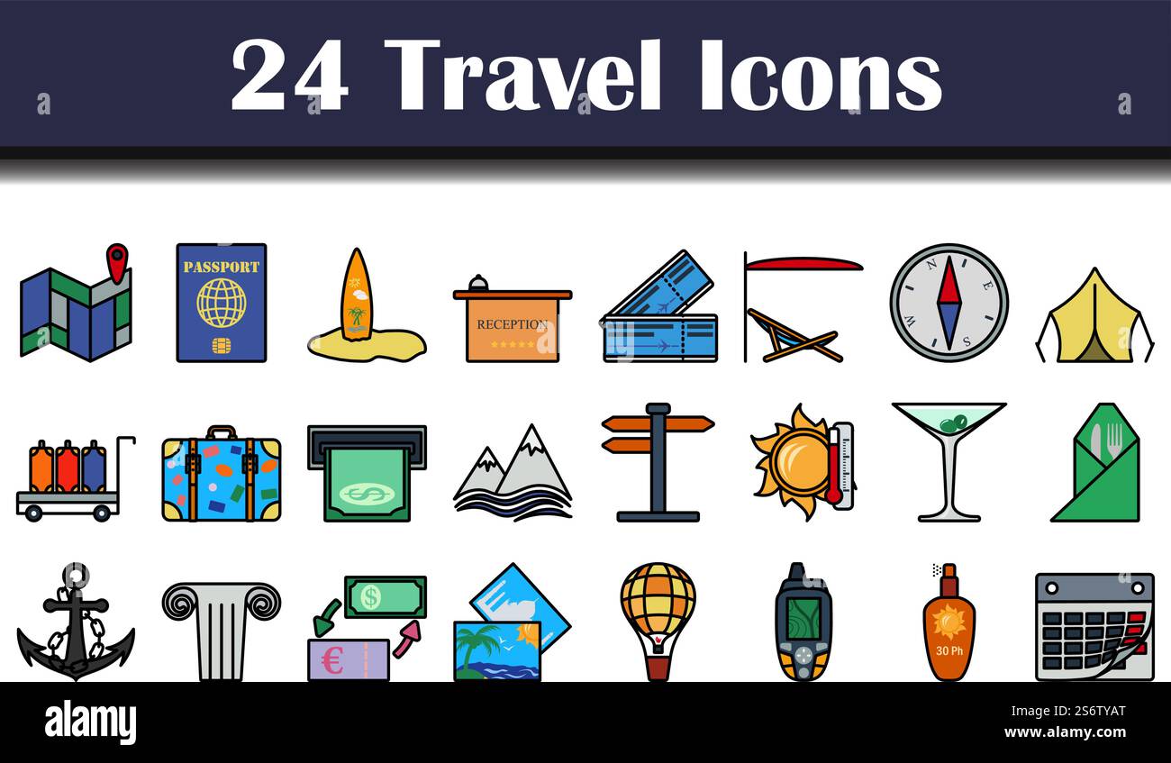 Travel Icon Set. Editable Bold Outline With Color Fill Design. Vector ...