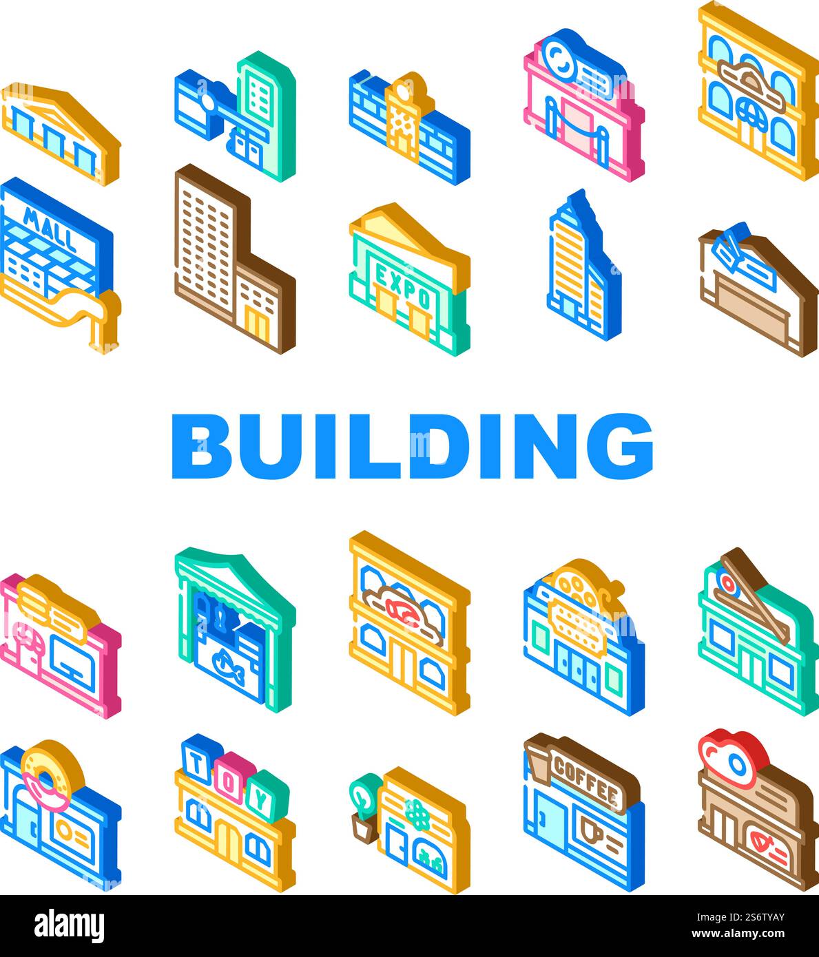 Building Construction Exterior Icons Set Vector. Shopping And ...