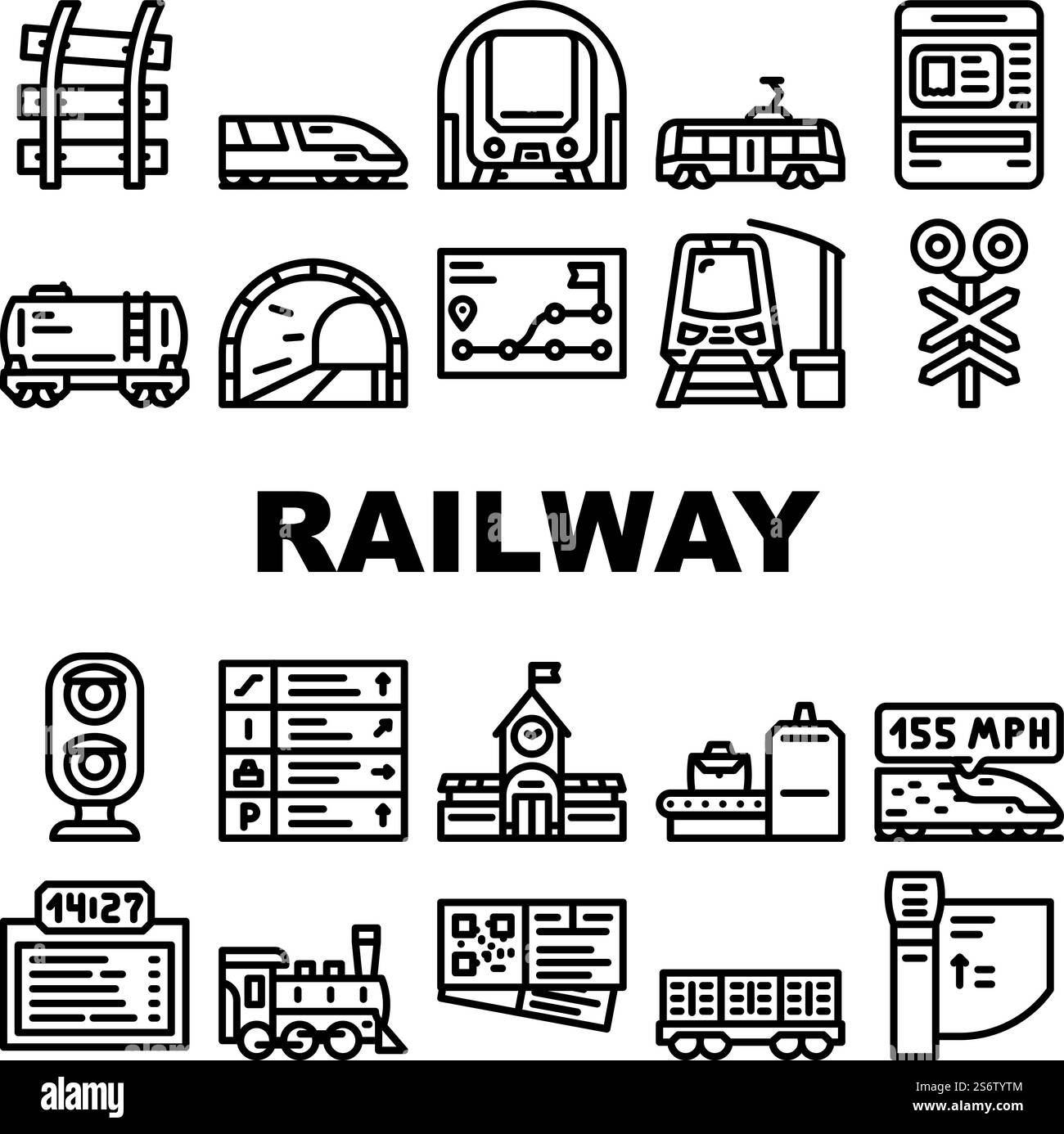 Railway Train Transportation Icons Set Vector. Pointer Direction Ticket ...