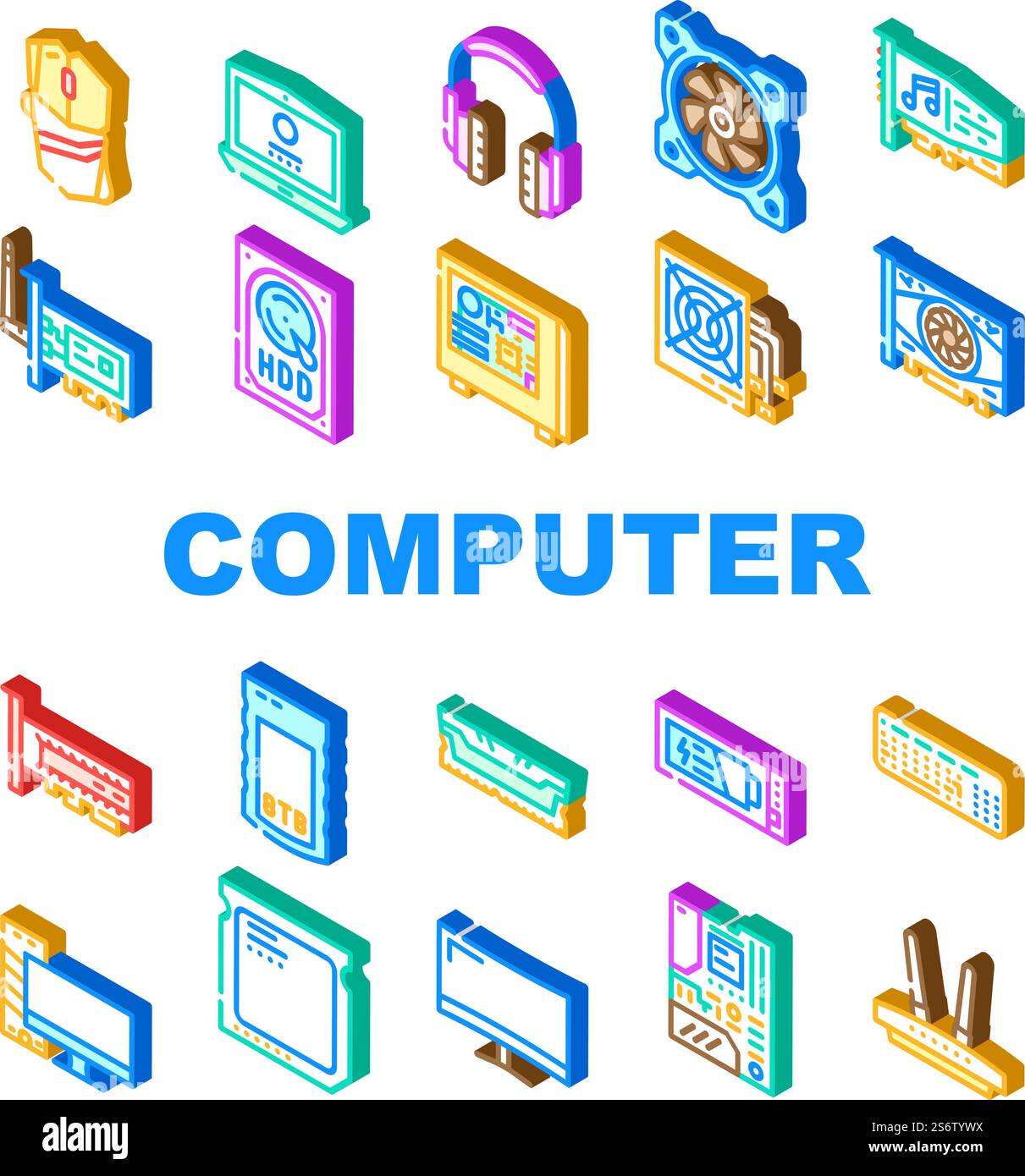 Computer Accessories And Parts Icons Set Vector. Computer Mouse And ...