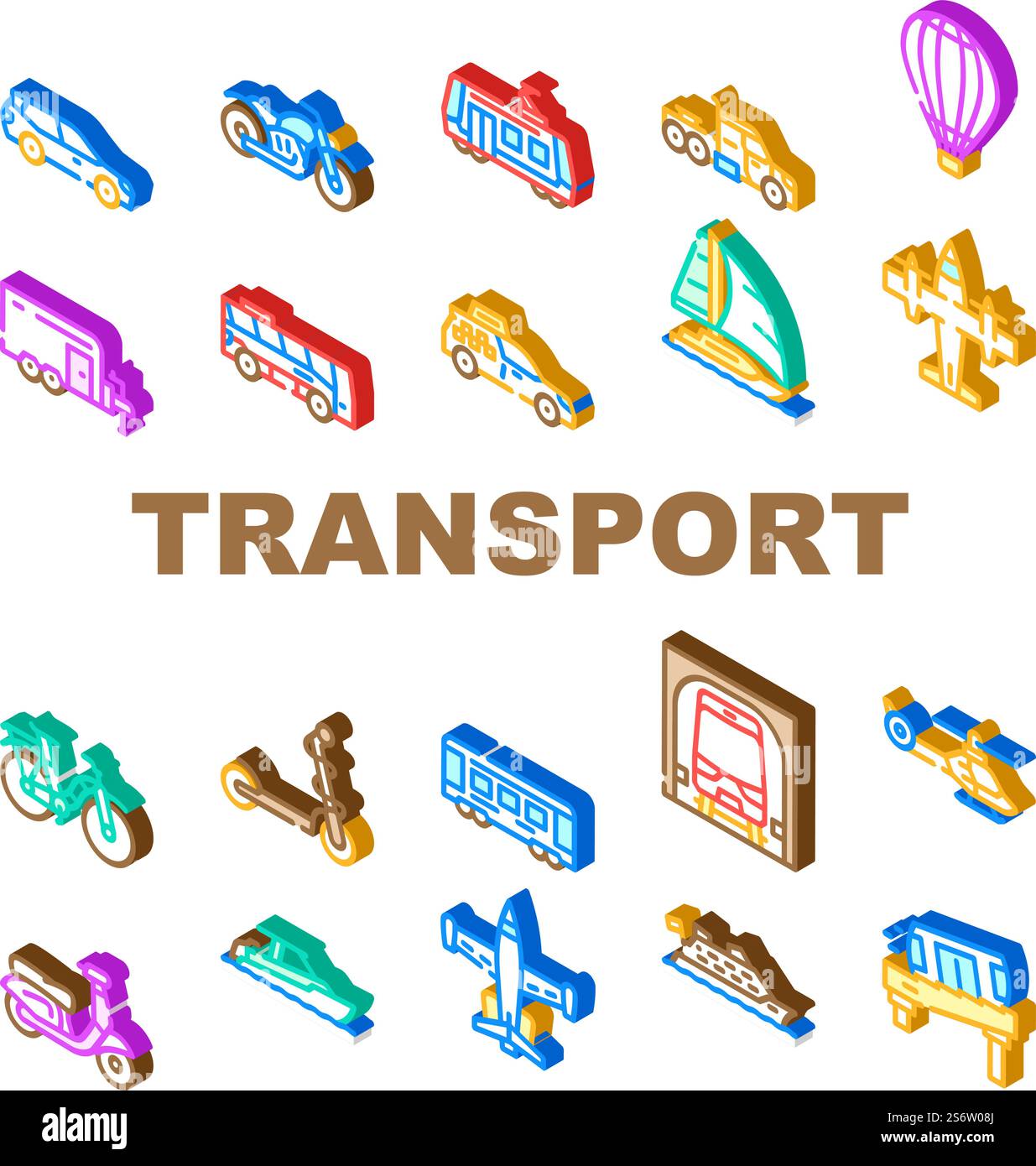 Transport Vehicle And Flying Icons Set Vector. Balloon And Aircraft Fly ...