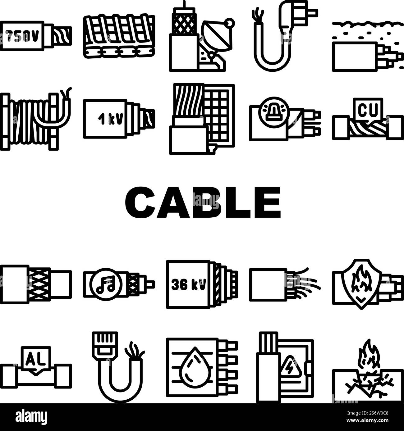 Cable Wire Electrical System Icons Set Vector. Optic And Internet Cable ...
