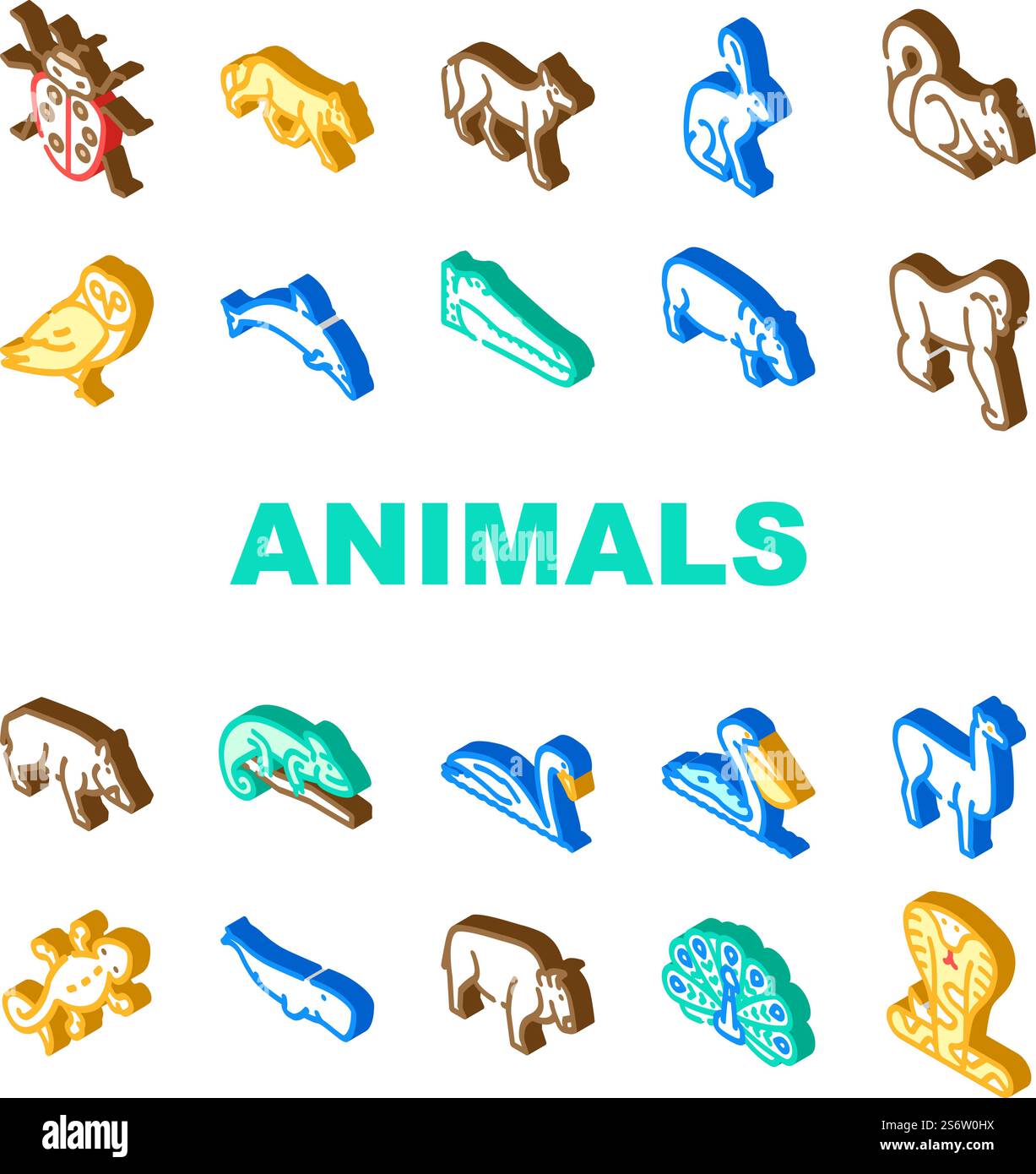 Wild Animals, Birds And Insects Icons Set Vector. Alligator Reptile And ...