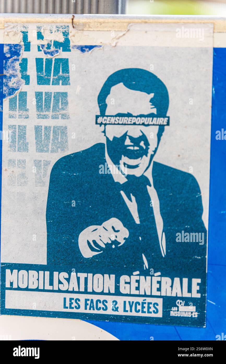 France insoumise poster with a portrait of Emmanuel Macron. General ...