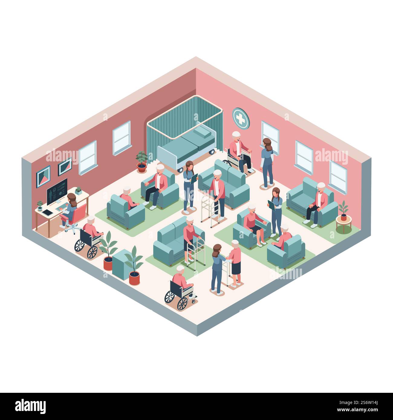Isometric Elderly Care Facility with Caregivers Assisting to Senior ...