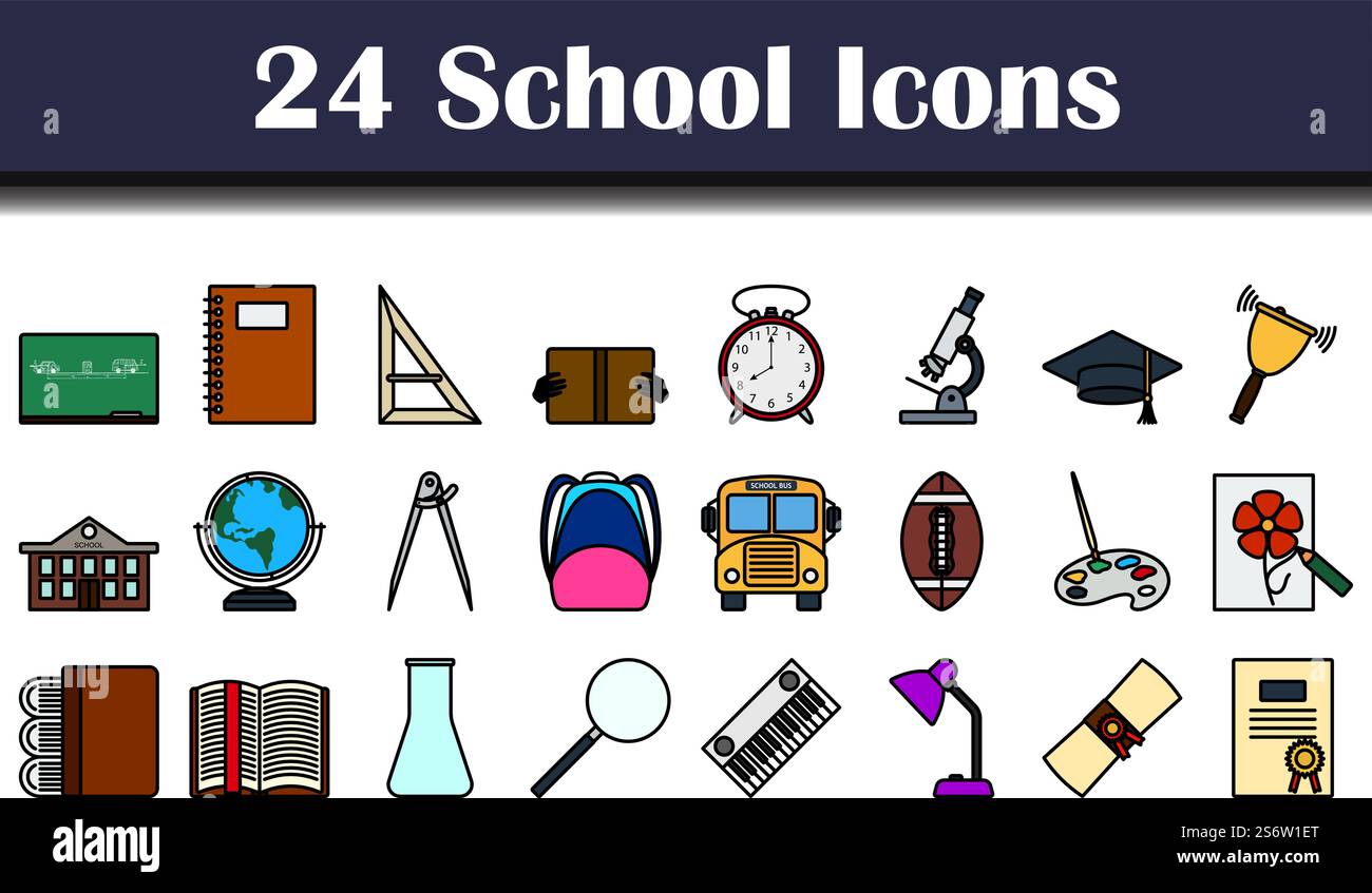 School Icon Set. Editable Bold Outline With Color Fill Design. Vector ...