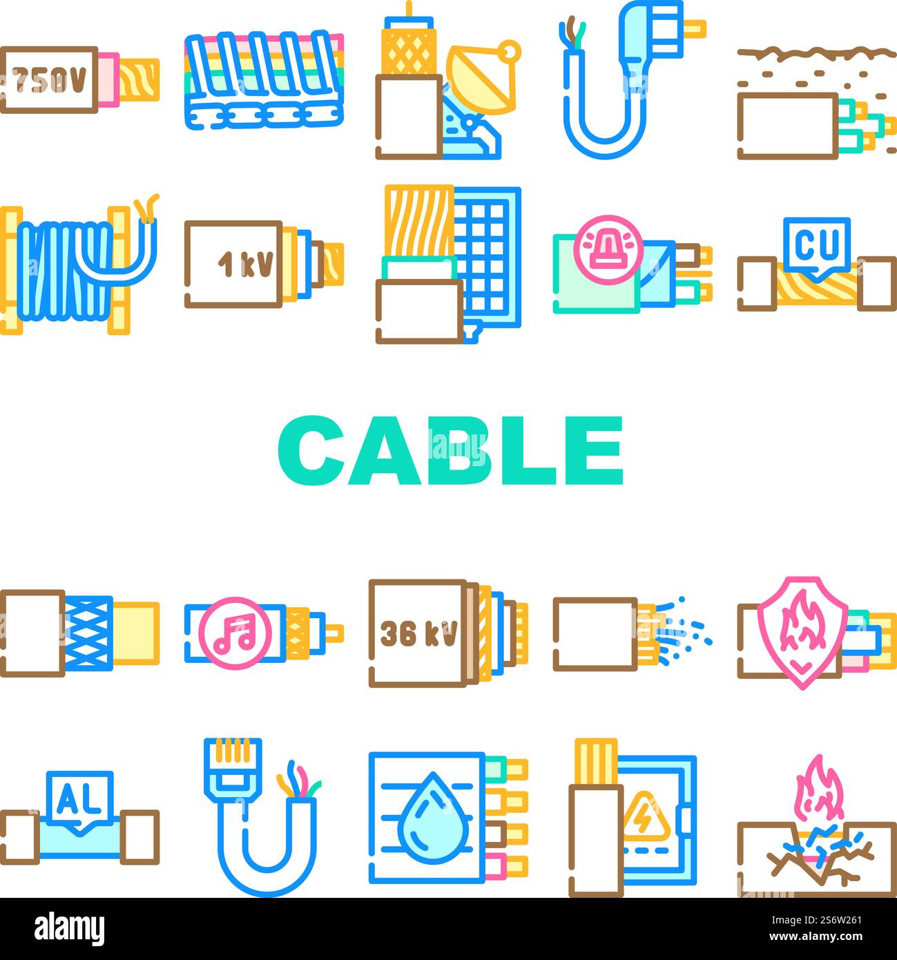 Cable Wire Electrical System Icons Set Vector. Optic And Internet Cable ...