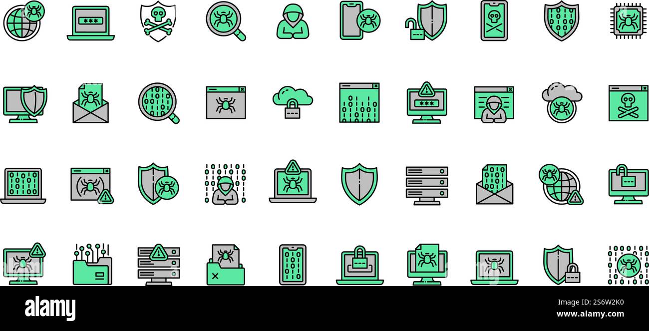 Cyber attack icons set outline vector. Virus bug. Computer cyber. Cyber attack icons set outline ...