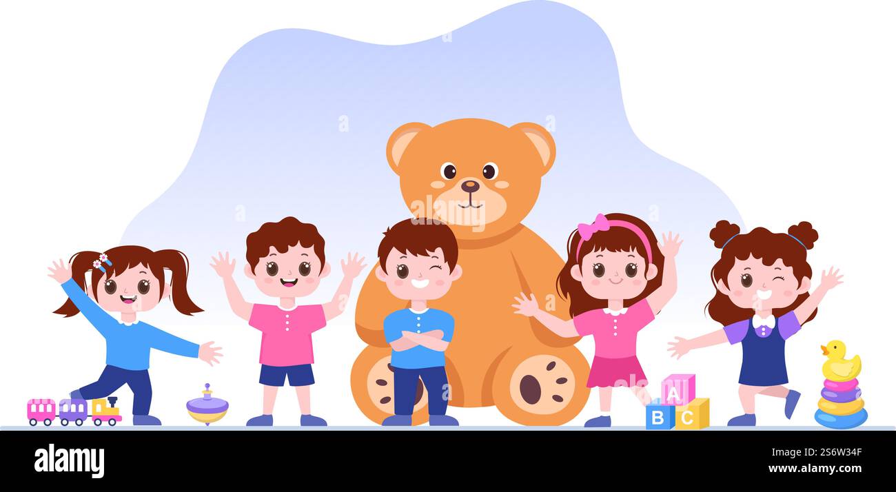 Cute Children Playing with Various Toy at Kindergarten in Flat Cartoon ...