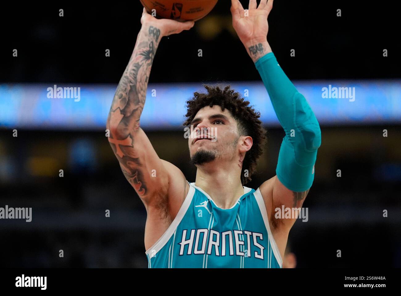 Charlotte Hornets guard LaMelo Ball takes a free throw during the first ...