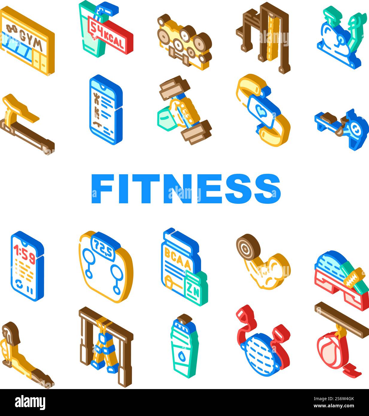 Fitness Gym Sportive Equipment Icons Set Vector. Athlete Fitness ...