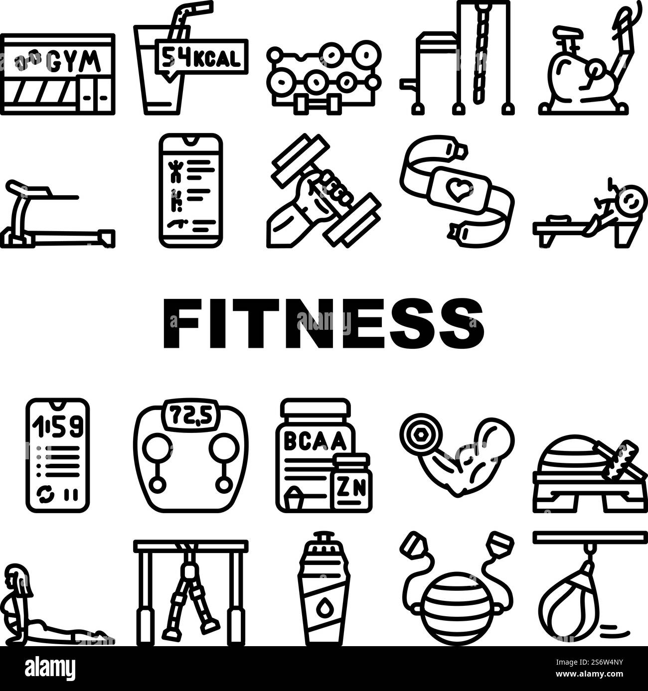 Fitness Gym Sportive Equipment Icons Set Vector. Athlete Fitness ...