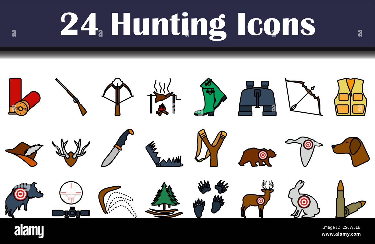 Hunting Icon Set. Editable Bold Outline With Color Fill Design. Vector ...