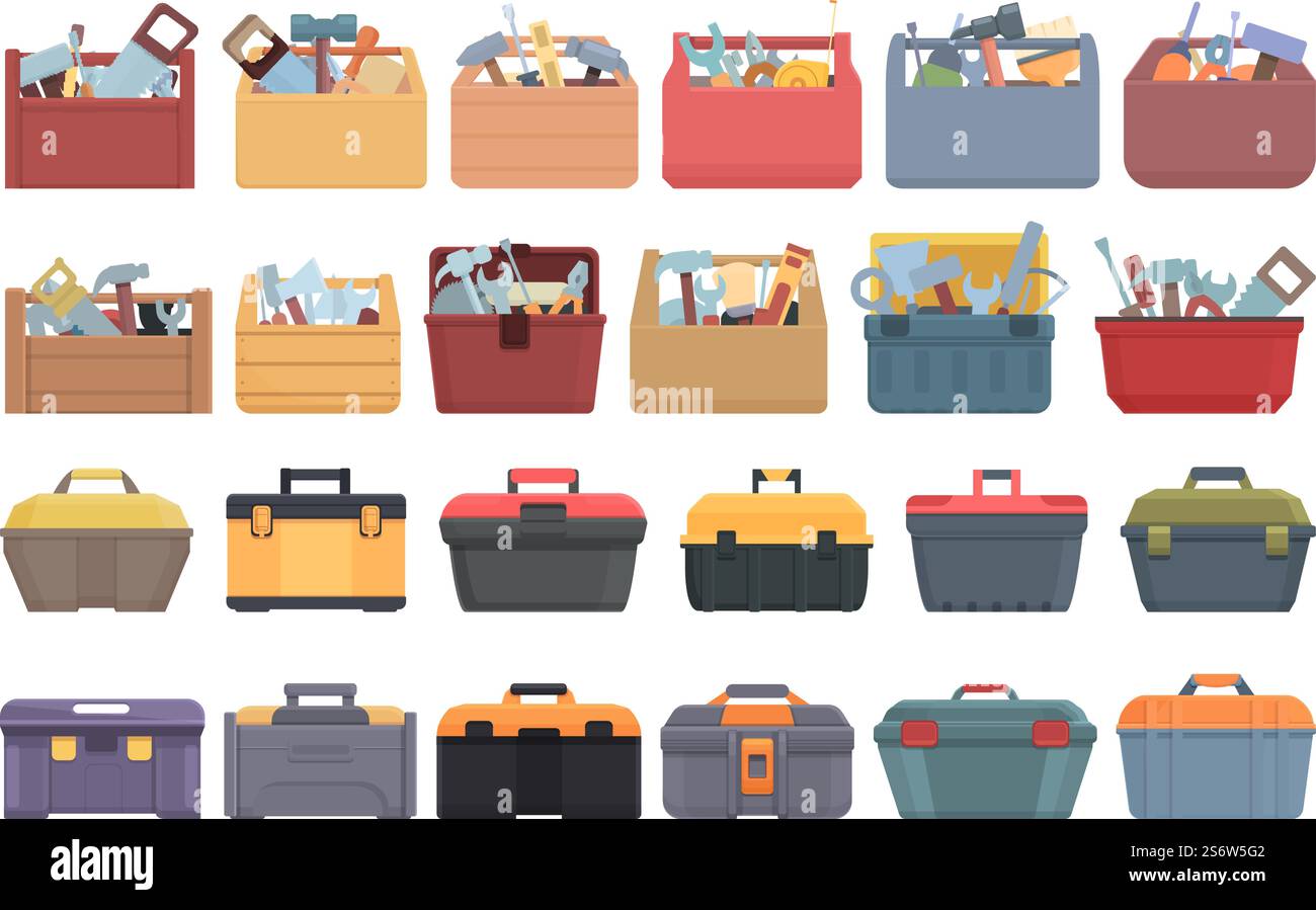 Toolbox icons set cartoon vector. Tool equipment. Repair kit. Toolbox ...