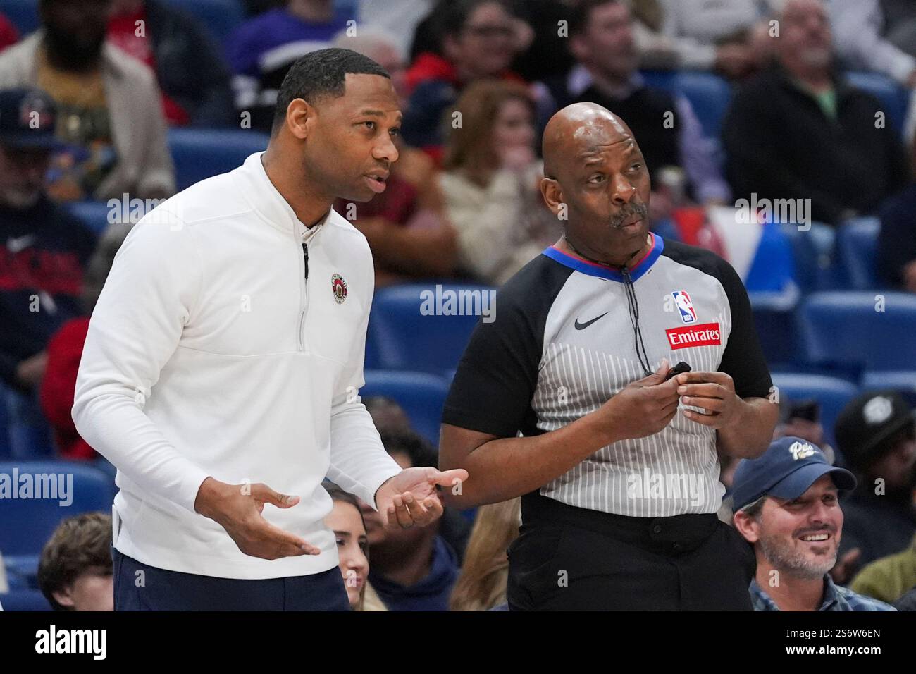 New Orleans Pelicans head coach Willie Green talks to an official in ...
