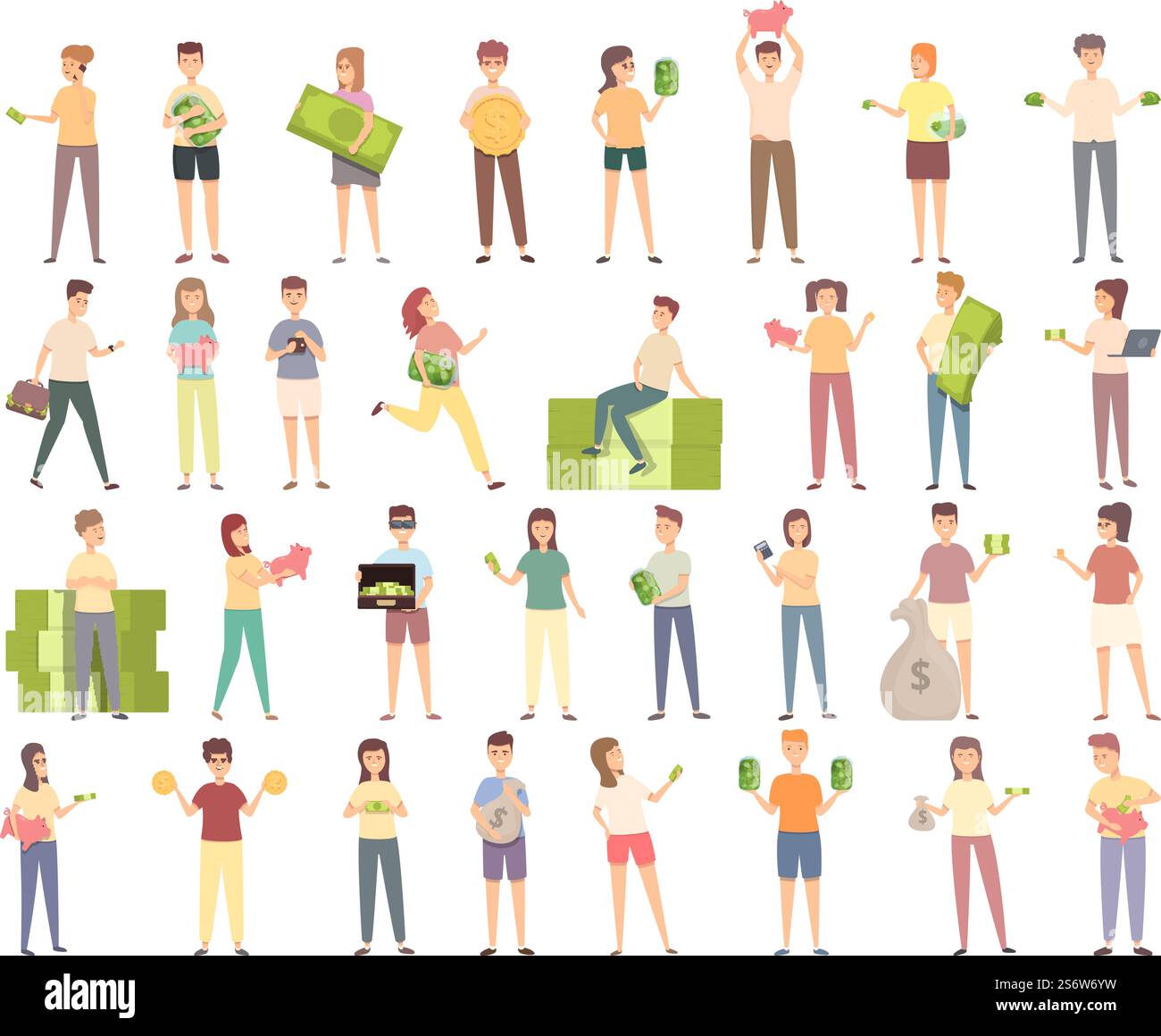 Kids with money icons set cartoon vector. Save children. Bank boy. Kids ...