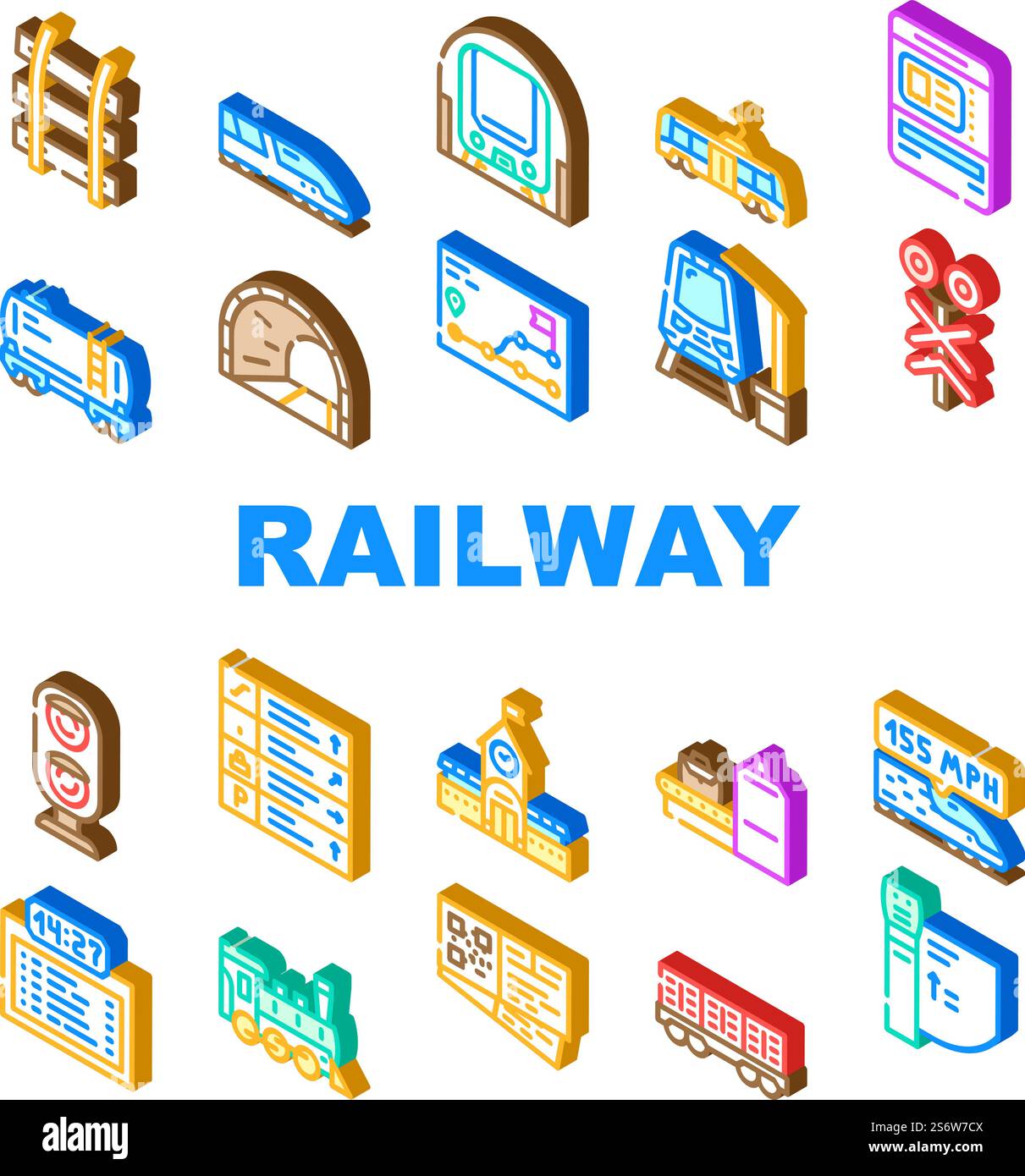 Railway Train Transportation Icons Set Vector. Pointer Direction Ticket ...
